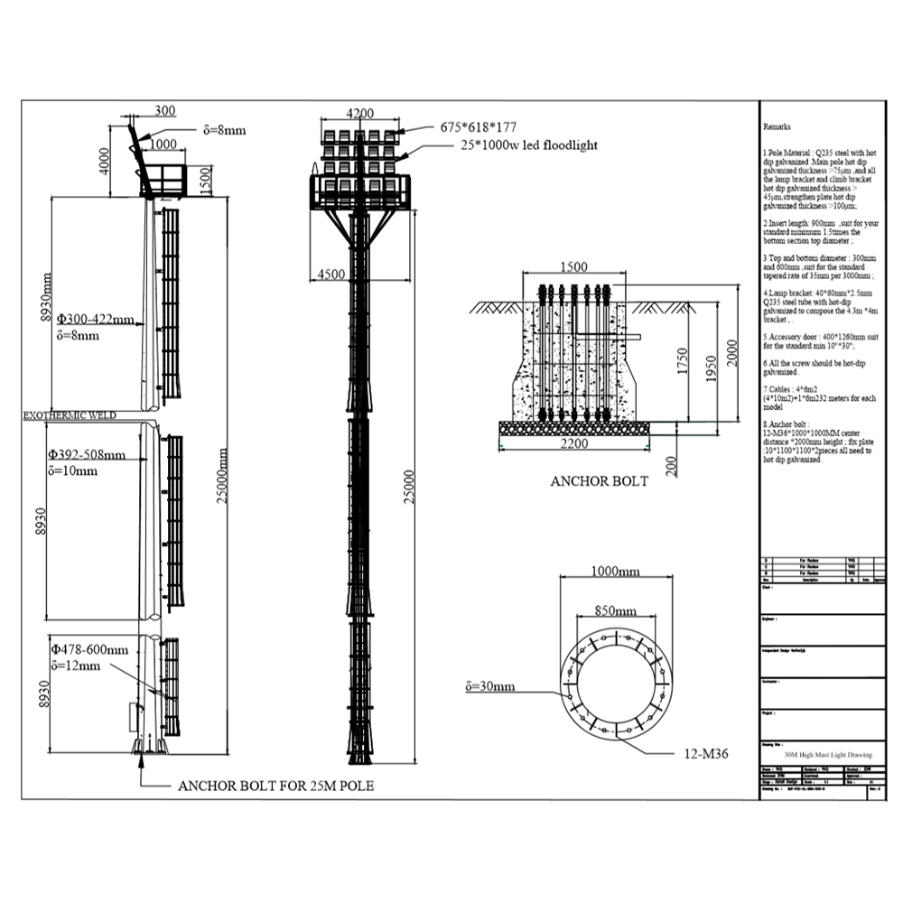 China 30M LED High Mast Flood Light Pole With Climb Ladder Manufacture ...